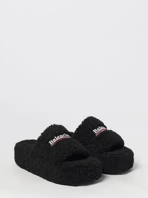 Balenciaga Shearling Wedge Slide Sandals With Embroidered Logo