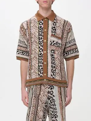 LANEUS Knitted Shirt With Patchwork Motif - Brown
