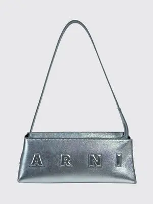 Marni Museo Laminated Leather Shoulder Bag In With Embossed Logo - Silver