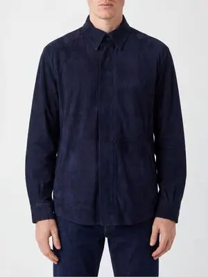 Giorgio Armani Suede Lambskin Leather Shirt Jacket With Classic Collar - Blue