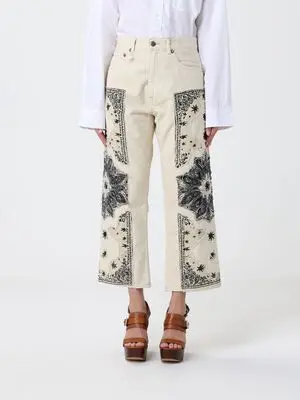 R13 Embroidered Denim Cropped Fit Jeans - Beige