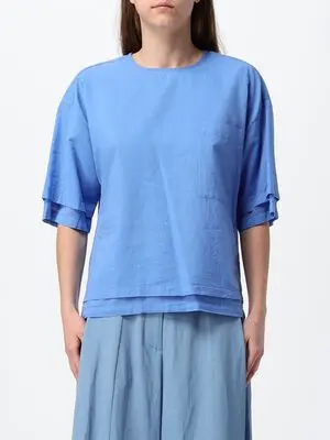 TELA Crewneck Short-sleeved Blouse With Dropped Shoulders And A Patch Pocket - Gnawed Blue
