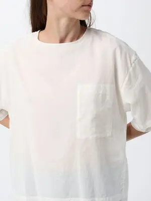 TELA Crewneck Short-sleeved Blouse With Dropped Shoulders And Patch Pocket - White