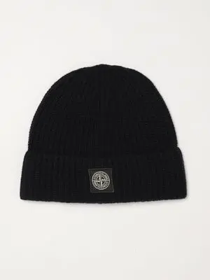 Stone Island Ribbed Virgin Wool Beanie Hat With Compass Logo - Navy