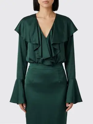 Norma Kamali Ruffled Satin Bodysuit Blouse - Emerald
