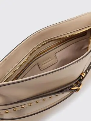 Pinko Embroidered Leather Shoulder Bag With Studs And Love Birds Logo - Beige