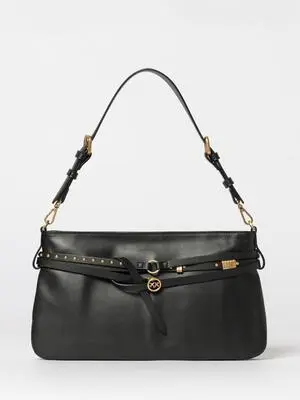 Pinko Embroidered Leather Shoulder Bag With Studs And Love Birds Logo - Black