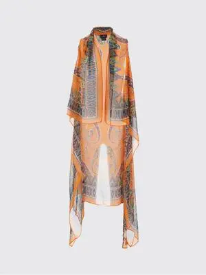 Etro Long Sheer Silk Vest With Ethnic Print And Asymmetrical Hem - Orange
