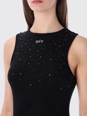 Off-White Stretch Viscose Mini Dress With Rhinestones