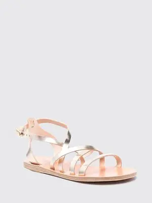 ANCIENT GREEK SANDALS Laminated Leather Flat Sandals With Ankle Strap - Silver