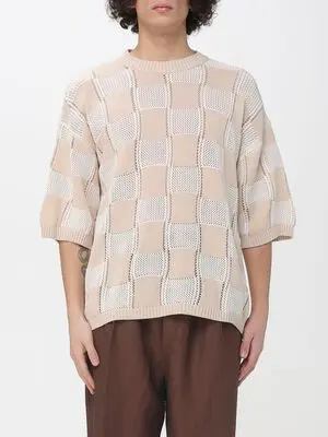 LANEUS Crew Neck Sweater With Check Pattern - Beige