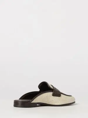 Brunello Cucinelli Bi-raffia And Leather Flat Mules With Penny Bar
