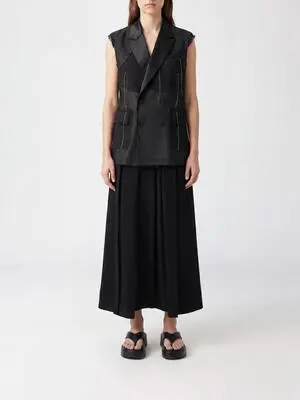 Sacai Long Double-breasted Patchwork Wool And Silk Tailored Vest - Black