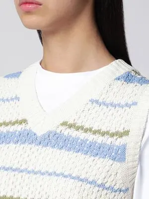 DUNST Striped Cotton Knit V-neck Vest - Blue