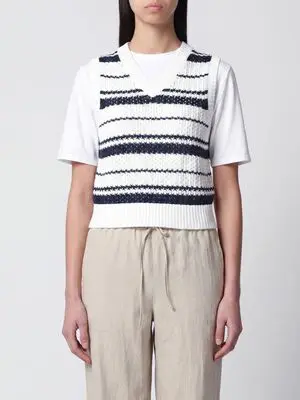 DUNST Striped Cotton Knit V-neck Vest - Navy