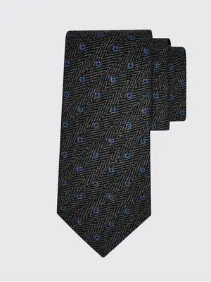 FERRAGAMO Gancini Silk And Wool Tie With Chevron Monogram Pattern - Grey