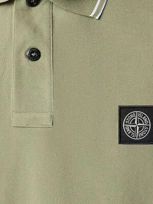 Stone Island Cotton Polo Shirt With Compass Logo And Contrast Striped Collar - Military