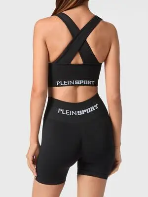 PLEIN SPORT Technical Stretch Fabric Crop Top With Crisscross Back Straps - Black