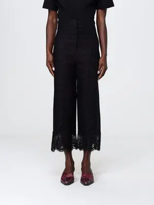 TWINSET Linen Cropped Trousers With Lace Inserts - Black
