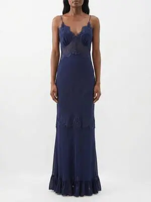 SELF-PORTRAIT Long Georgette And Lace Slip Dress - Blue