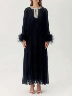SELF-PORTRAIT Pleated Chiffon Dress With Crystal Embellishments And Feather Cuffs