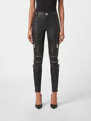 Philipp Plein Skinny Fit Leather Pants With Zip Detail
