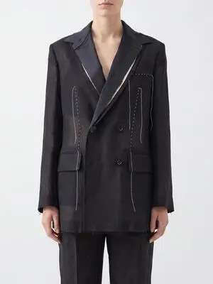 Sacai Cropped Double-breasted Wool Blend Blazer With Patchwork Design - Black