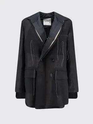 Sacai Cropped Double-breasted Wool Blend Blazer With Patchwork Design