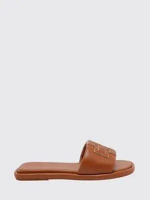 Tory Burch Double T Sport Smooth Leather Slide Sandals With Logo - Brown