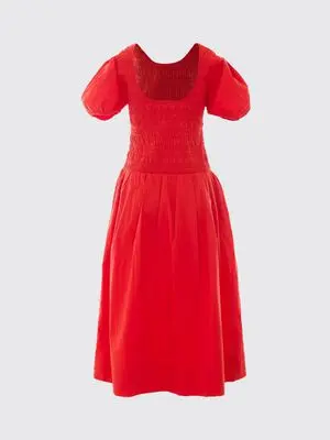 GANNI Puff Sleeve Organic Cotton Midi Dress - Red