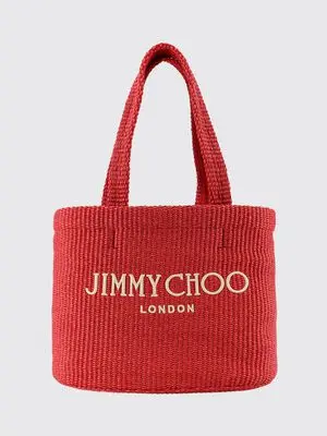 JIMMY CHOO Beach Tote East-west Raffia Bag With Embroidered Logo - Ruby
