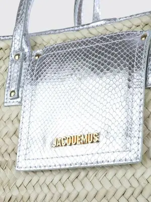 Jacquemus Le Panier Soli Tote Bag In Woven Raffia And Metallic Leather - Silver