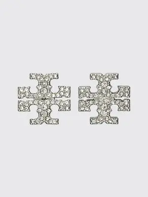 Tory Burch Icon Brass Earrings With Set Rhinestones - Silver