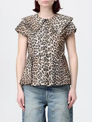 GANNI Organic Cotton Shirt With Animal Print - Brown