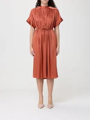 SEMICOUTURE Midi Shirt Dress With Mandarin Collar And Belted Waist - Brown
