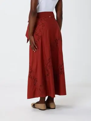 TWINSET Cotton Midi Skirt With Macramé Inserts And Sash Belt - Brown
