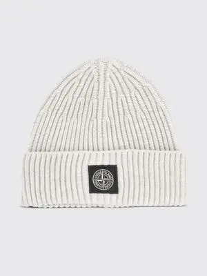 Stone Island Ribbed Virgin Wool Beanie With Compass Logo Patch - Beige