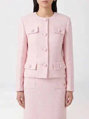 Valentino Garavani Cropped Slim Fit Tweed Blazer With Crew Neck - Pink