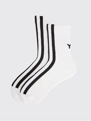 Y3 Stretch Cotton Blend Crew Socks With Striped Pattern And Logo - White