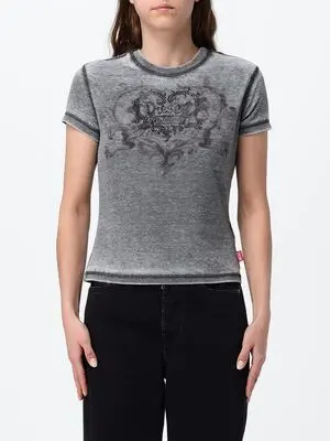 DIESEL® Slim Fit Cotton T-shirt With Front Rhinestone Logo - Grey