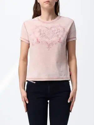 DIESEL® Slim Fit Cotton T-shirt With Front Rhinestone Logo - Pink