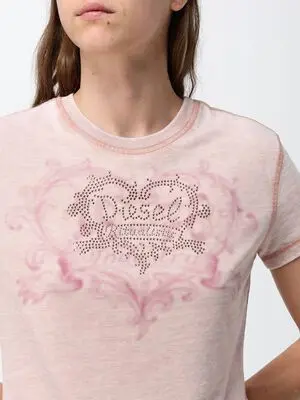 DIESEL® Slim Fit Cotton T-shirt With Rhinestone Logo - Pink