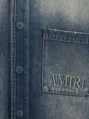 Amiri Short-sleeve Vintage Denim Shirt With Embroidered Logo And Patch Pockets
