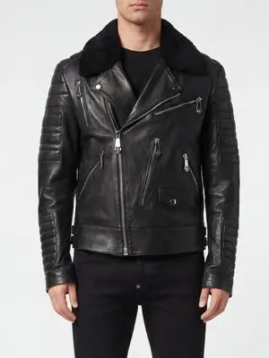 Philipp Plein Shearling Leather Biker Jacket With Logo - Black