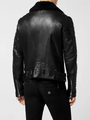 Philipp Plein Shearling Leather Biker Jacket With Logo