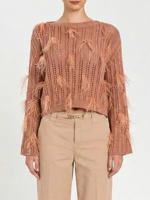 TWINSET Perforated Knit Pullover With Feathers - Coffee