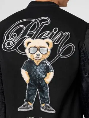 Philipp Plein Varsity Teddy Racer Bomber Jacket With Logo - Black