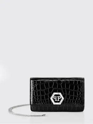 Philipp Plein Crocodile Print Leather Clutch With Rhinestone Hexagon - Black