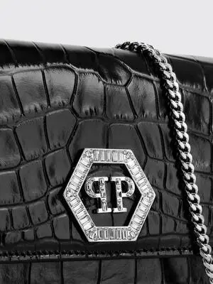 Philipp Plein Crocodile Print Leather Clutch With Rhinestone Hexagon - Black