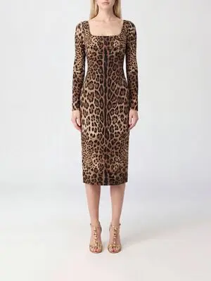 Dolce & Gabbana Animal Print Viscose Sheath Midi Dress With Square Neckline - Brown